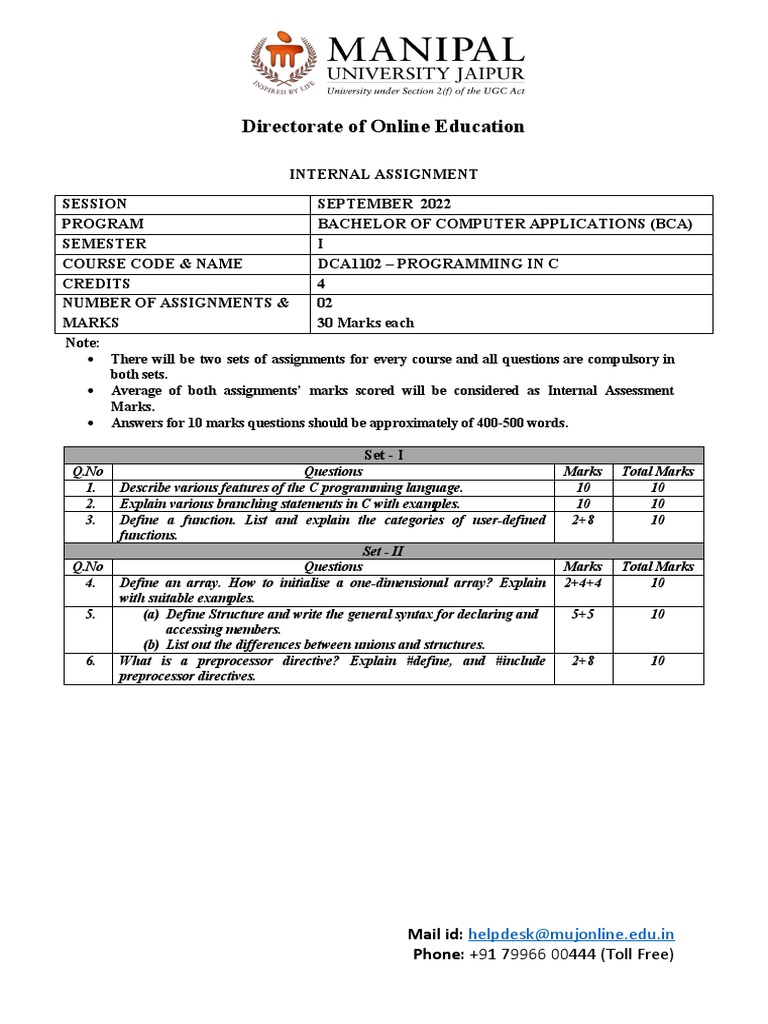 Assignment - DCA1102 - PrgInC - Set 1and2 - Sep2022 | PDF