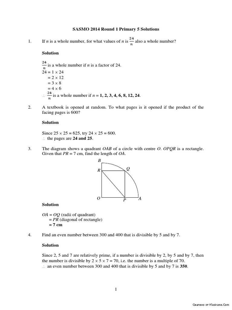 SASMO 2014 Primary 5 Solutions | PDF | Area | Numbers