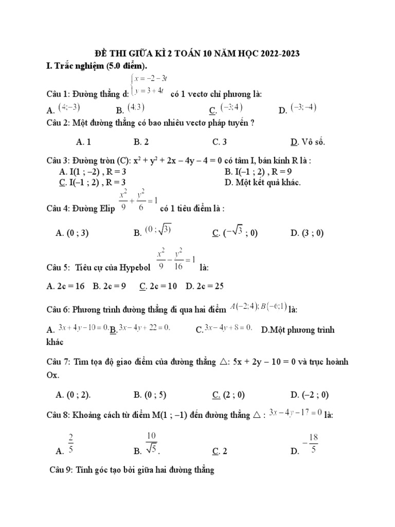 DE THI GIUA KI 2 TOAN 10 (22-23) (Chuẩn) | PDF