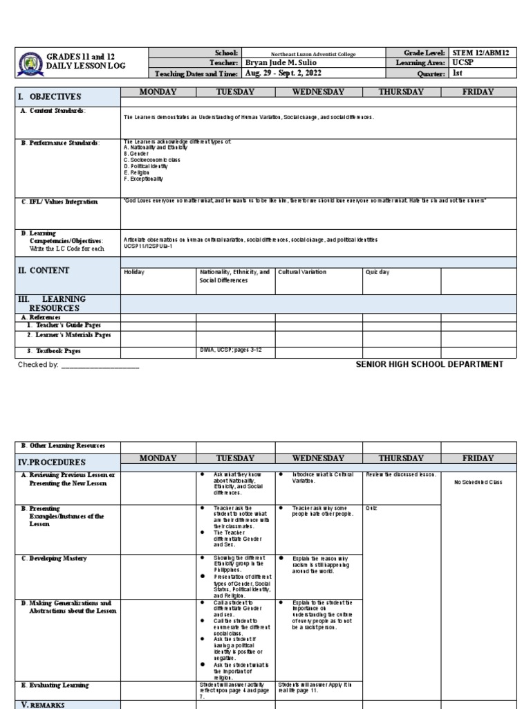 Northeast Luzon Adventist College Daily Lesson Log | PDF | Learning ...