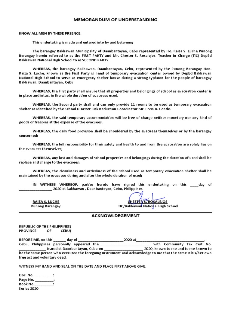 Barangay Bakhawan Evacuation MOU | PDF