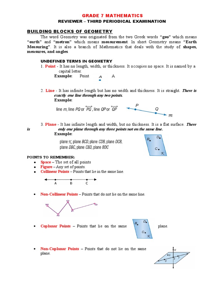 Grade 7 Mathematics: Reviewer - Third Periodical Examination | PDF | Line (Geometry) | Polygon