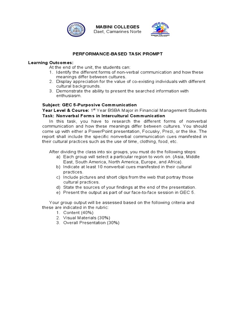 Performance Based Task Prompt-Print | PDF | Communication | Nonverbal ...