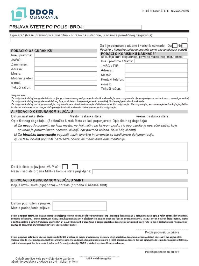 N-01 PRIJAVA ŠTETE - NEZGODA I DZO 2022 | PDF