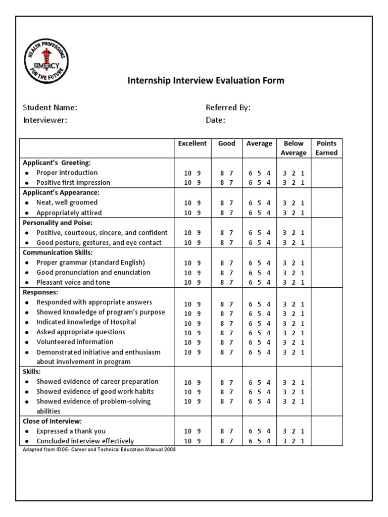 Internship Interview Evaluation Form: Student Name: Referred By: Interviewer: Date | PDF ...