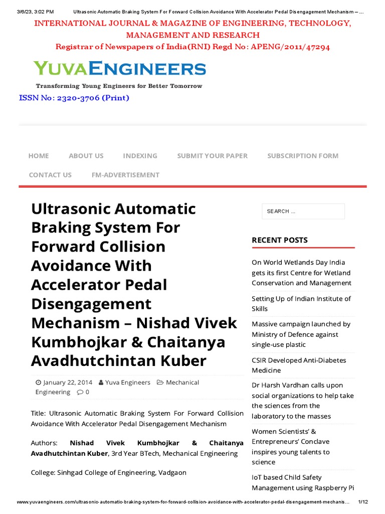 Ultrasonic Automatic Braking System For Forward Collision Avoidance ...