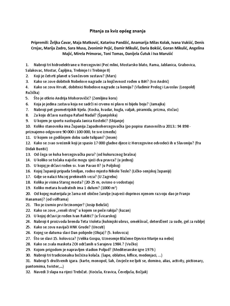 Pitanja Za Kviz Općeg Znanja | PDF