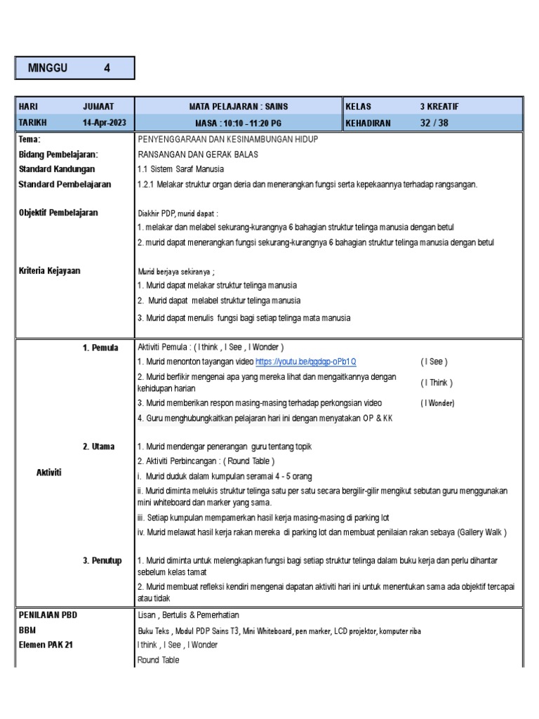 Contoh RPH Pak21 Sains T3 - Deria Dan Rangsangan | PDF