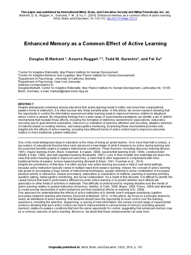 Paper 5.2. Memory As A Common Effect of Active Learning | PDF