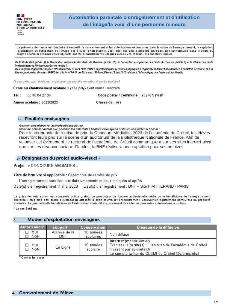 Autorisation Captation Utilisation Image Voix Mineur | PDF