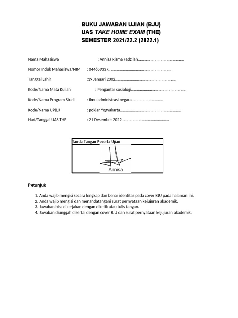 Buku Jawaban Ujian (Bju) Uas Take Home Exam (The) SEMESTER 2021/22.2 (2022.1) | PDF | Sains ...