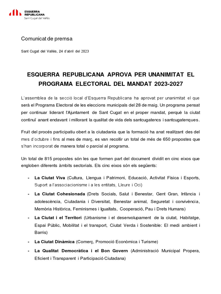 Programa Electoral d'ERC Sant Cugat (2023-2027) | PDF
