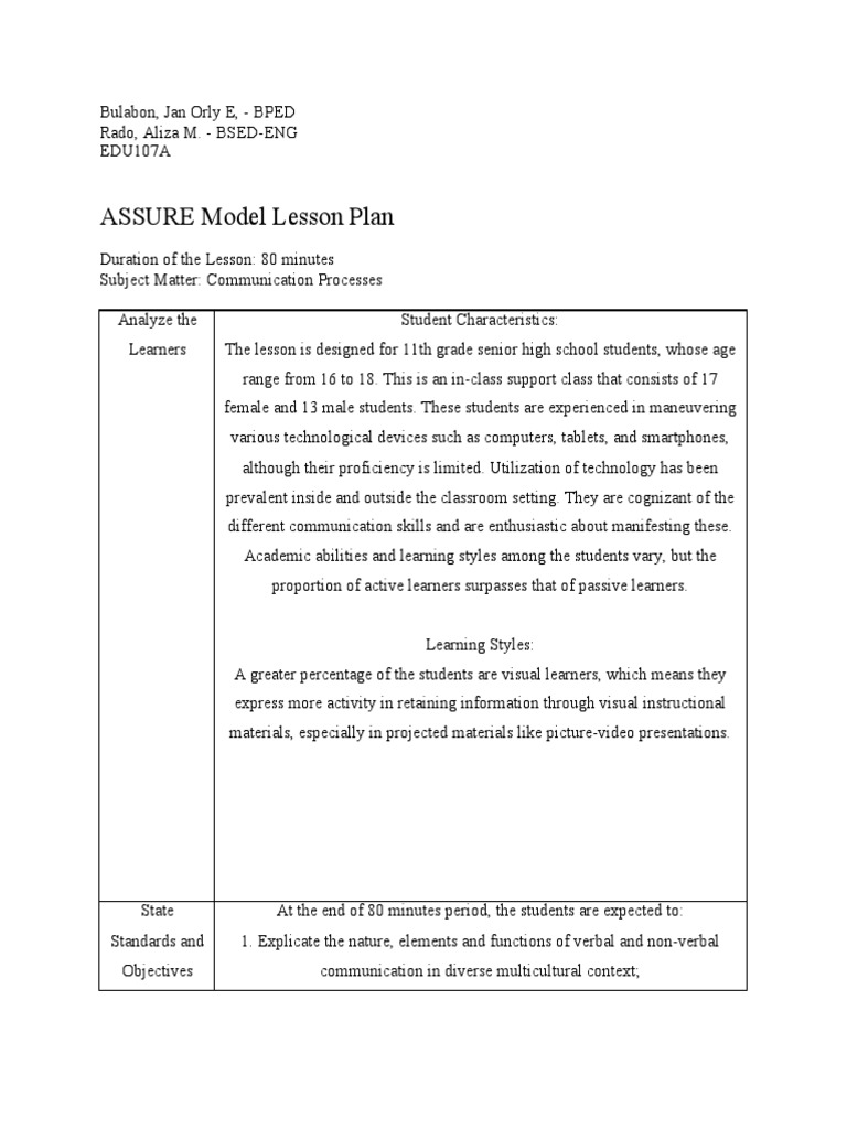 EDU107A ASSURELessonPlan | PDF | Communication | Learning