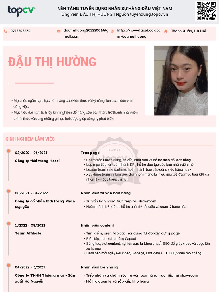 DAU THI HUONG TopCV - VN 200323.110959 | PDF