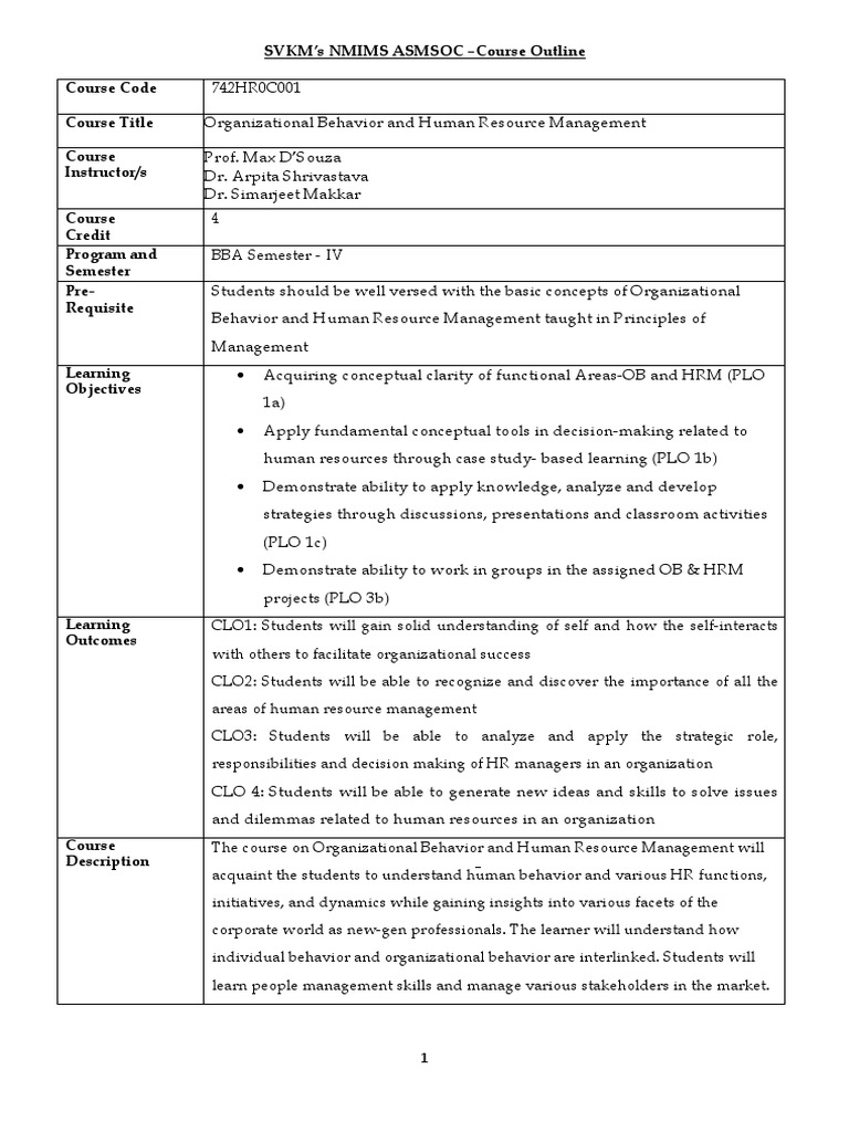 SVKM's NMIMS ASMSOC - Course Outline Course Code Course Title Course Instructor/s Course Credit ...