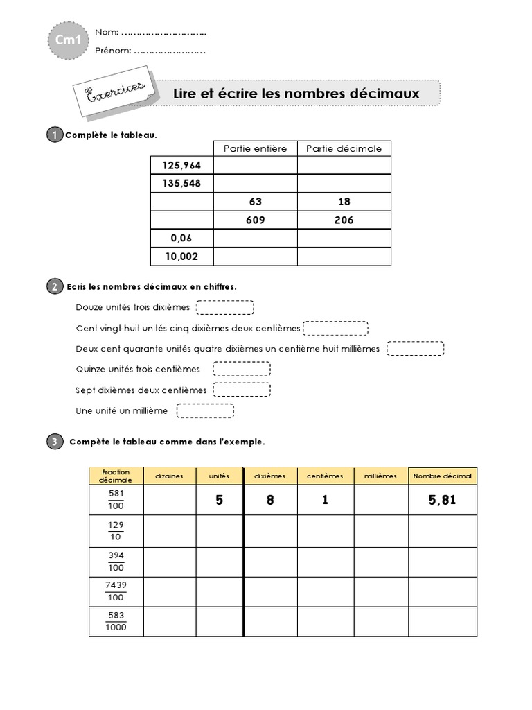 Exercices sur les Nombres Décimaux CM1 | PDF | Décimal | Notation