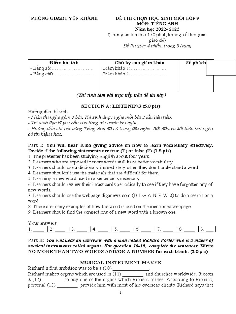 Đề chọn HSG anh 9 năm học 2022 2023 có file nghe THCS-KHANH AN-HSG 9 | PDF | Genetics | Heredity