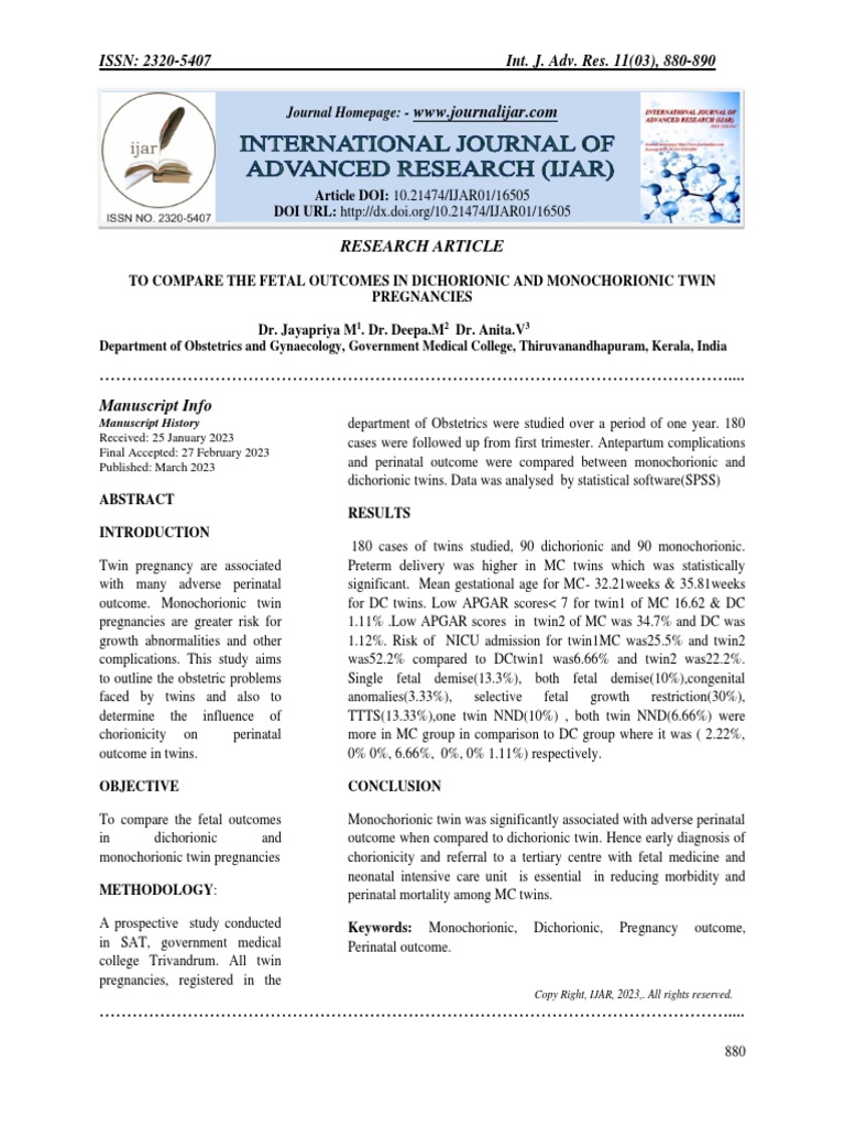 To Compare The Fetal Outcomes in Dichorionic and Monochorionic Twin ...