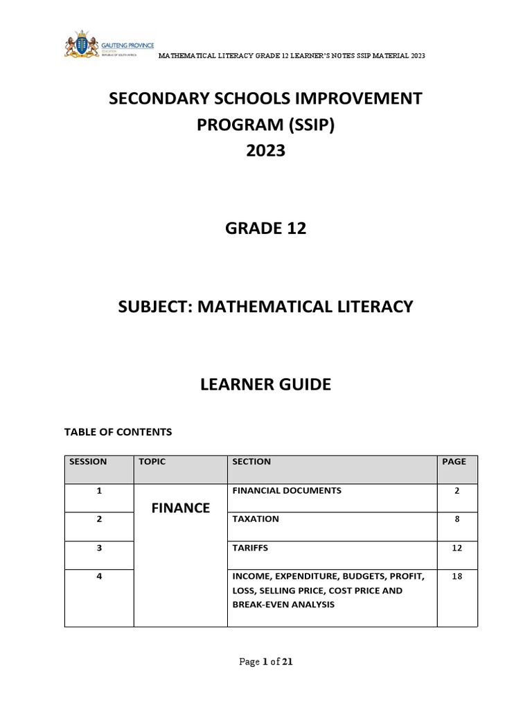 Math Lit Session 1 - 4 Learner Guide 2023 English | PDF