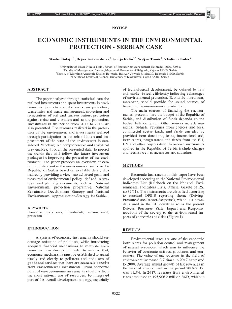 Economic Instruments in The Enviromental Protection - Serbian Case | PDF