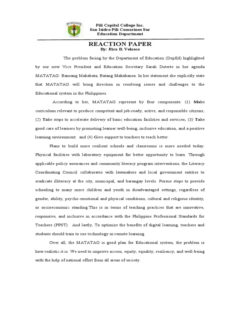 Reaction Paper | PDF | Literacy | Inclusion (Education)