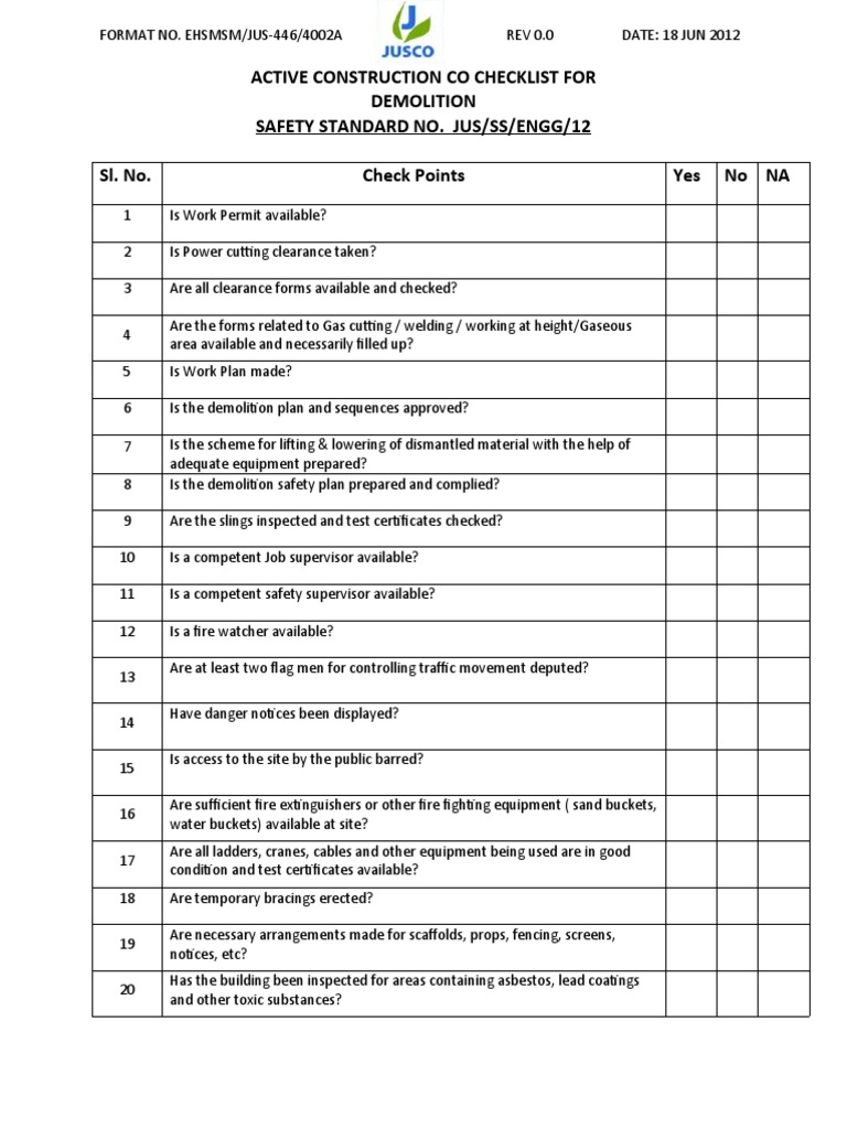 Demolition Safety Checklist Template | PDF | Demolition | Safety