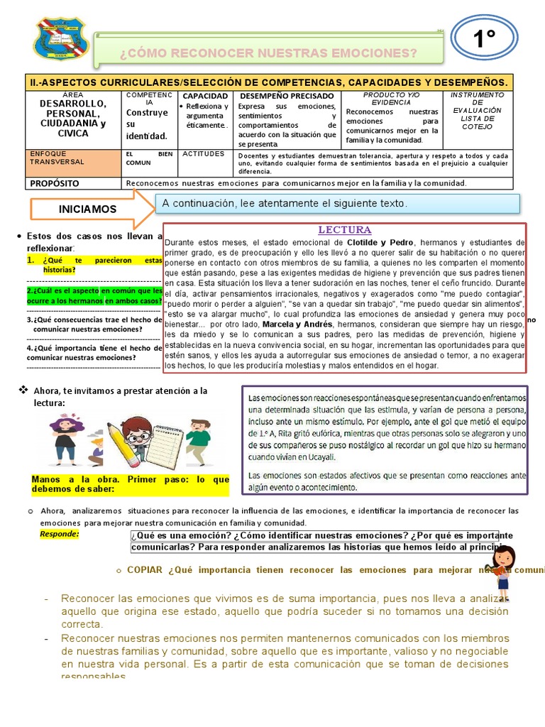 Ficha - DPCC 1° - Reconocer Nuestras Emociones | PDF