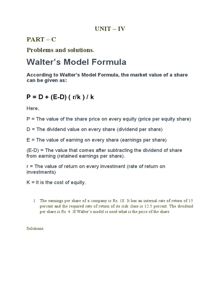 Walter's Model Formula: Unit - Iv Part - C Problems and Solutions | PDF ...