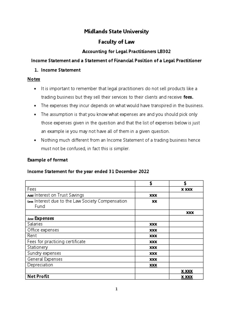Law Firm Income Statement & Balance Sheet | PDF | Book Value | Expense
