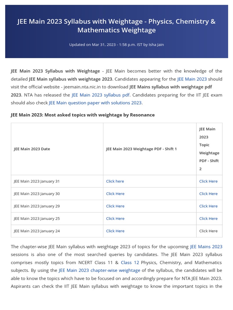 JEE Main 2023 Syllabus with Weightage - A Comprehensive Guide to the ...