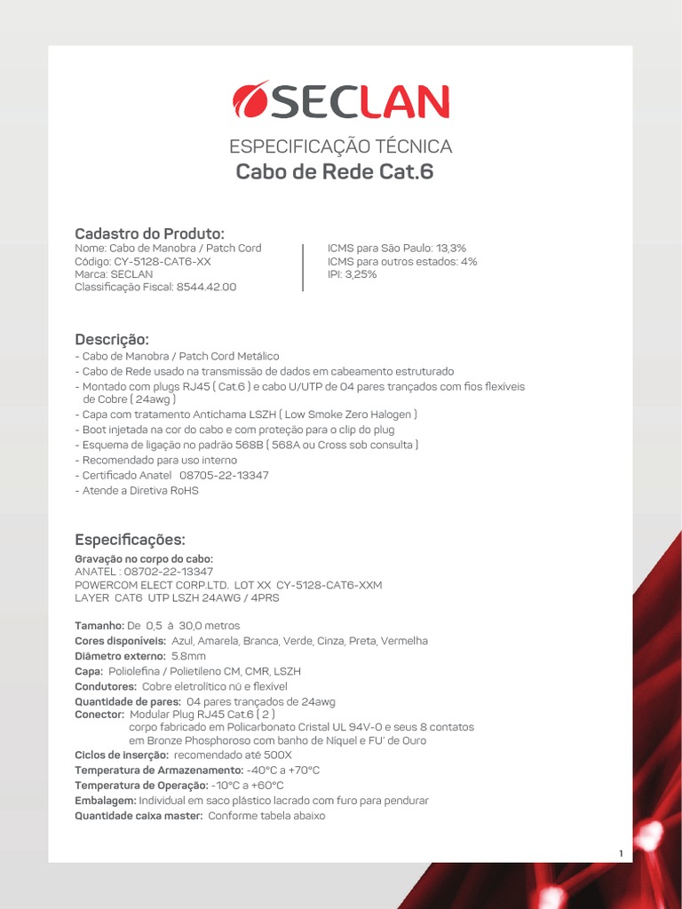 Cabo de Rede Cat.6 SECLAN 8544.42.00 | PDF | Eletrônicos | Engenharia ...