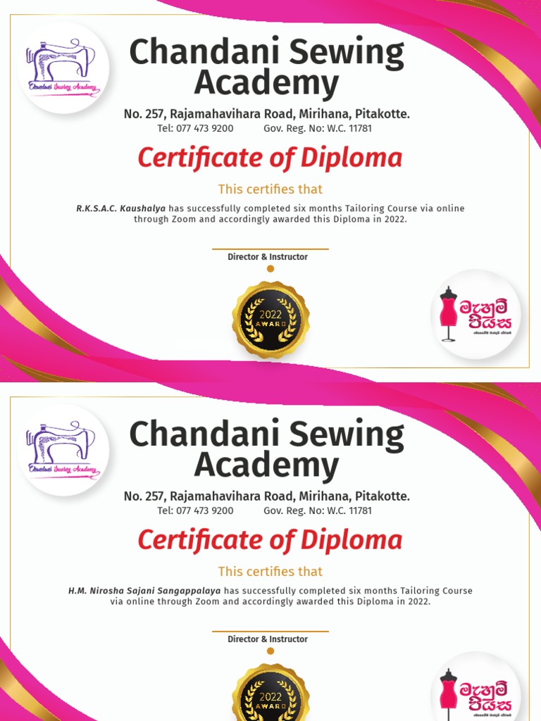Chandani Sewing Academy: Certificate of Diploma | PDF