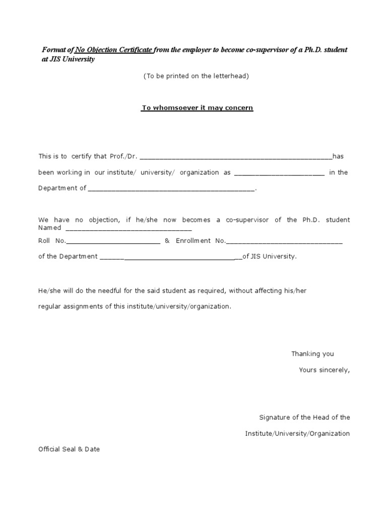 Format of No Objection Certificate From The Employer To Become Co ...