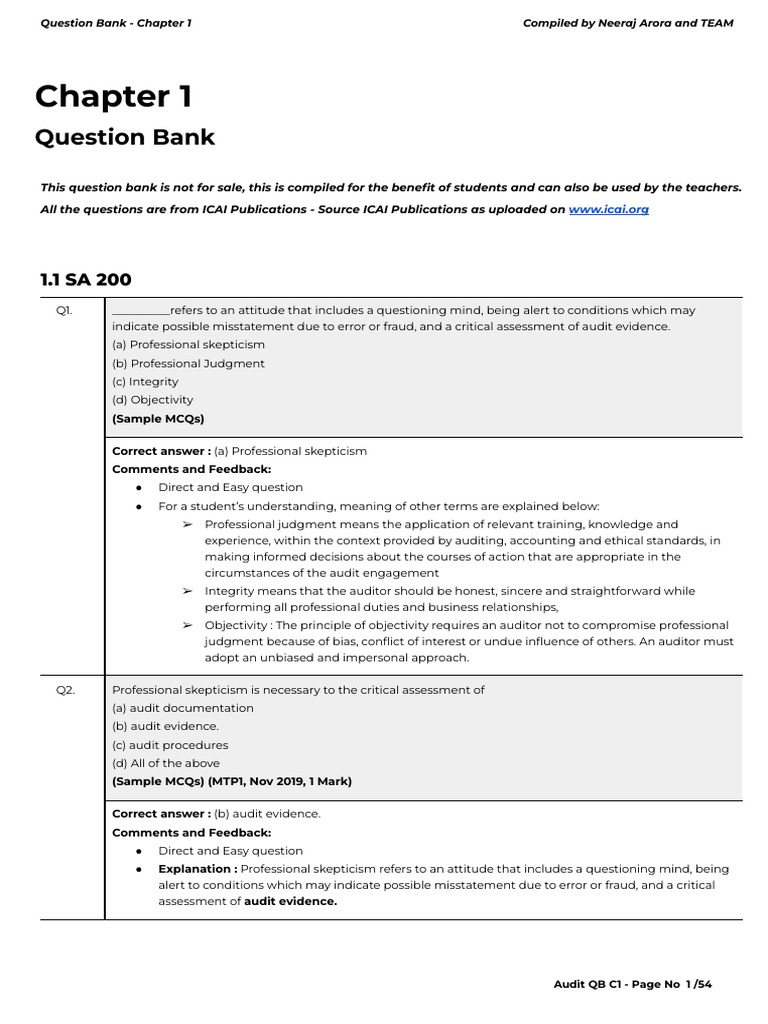 Ca Inter C1 Audit Question Bank New | PDF