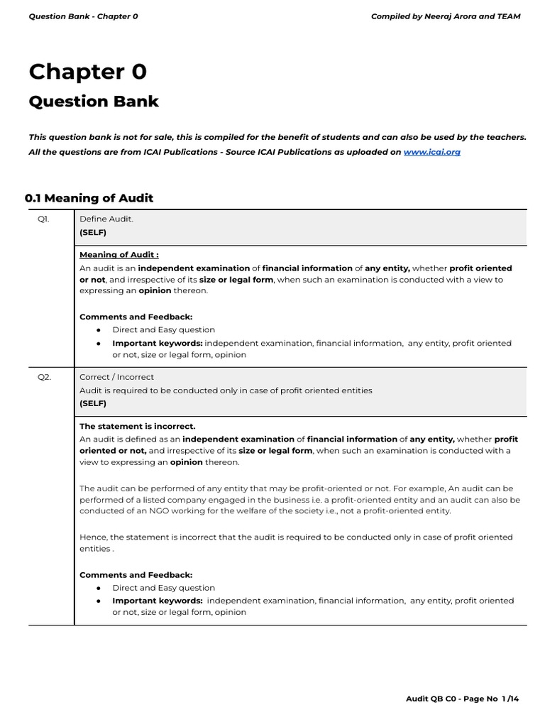 Question Bank - Chapter 0: Compiled Questions on the Meaning and Objectives of Audit | PDF ...