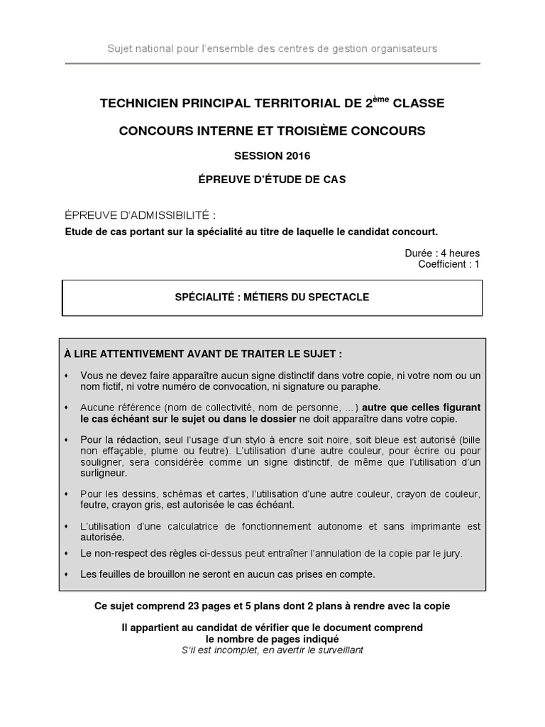 Technicien Principal Territorial de 2 Classe Concours Interne Et ...