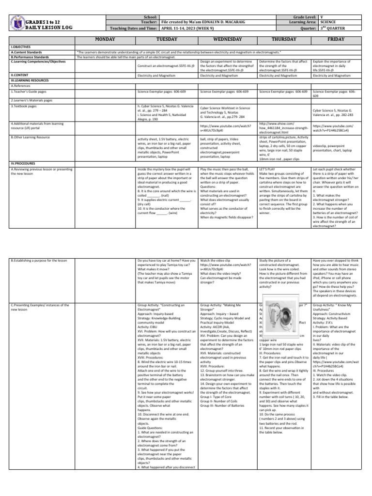 Grade 5 Science Electromagnet Lesson Plan | PDF
