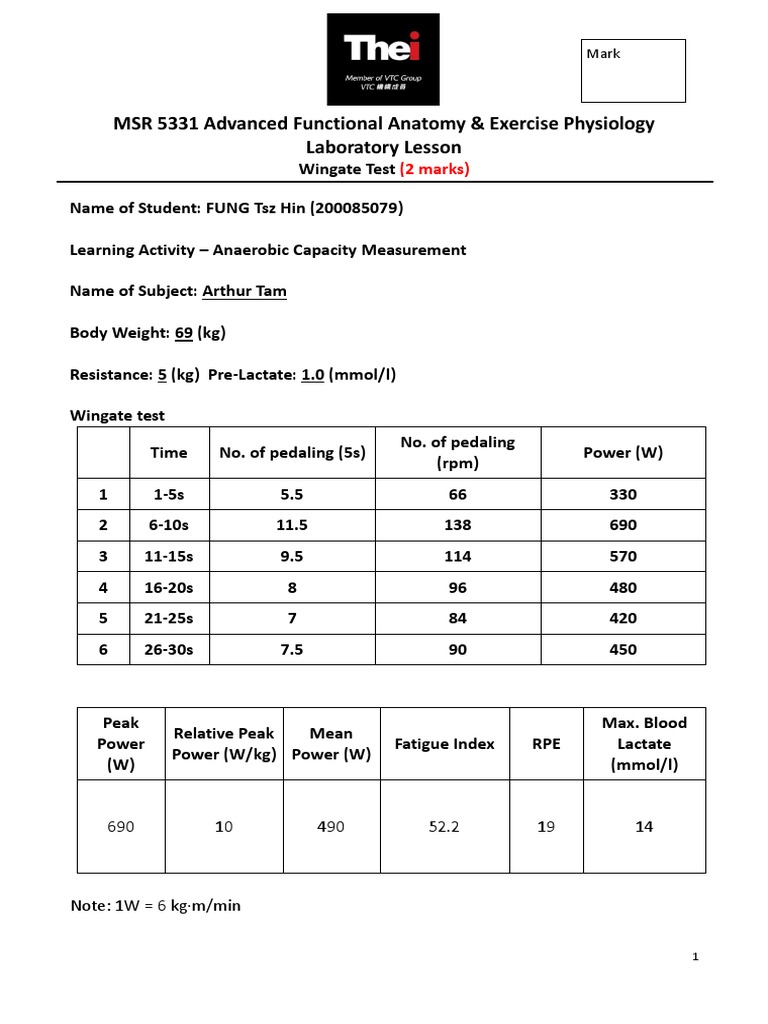 Physi Lab Wingate Test | PDF