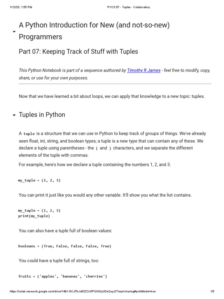 Pycs 07 Tuples Colaboratory Pdf Boolean Data Type String Computer Science