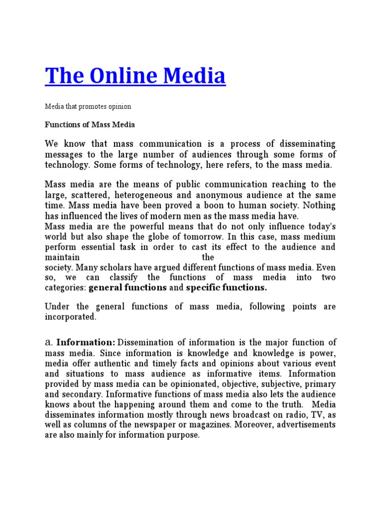 Functions of Mass Media | PDF | Mass Media | Information