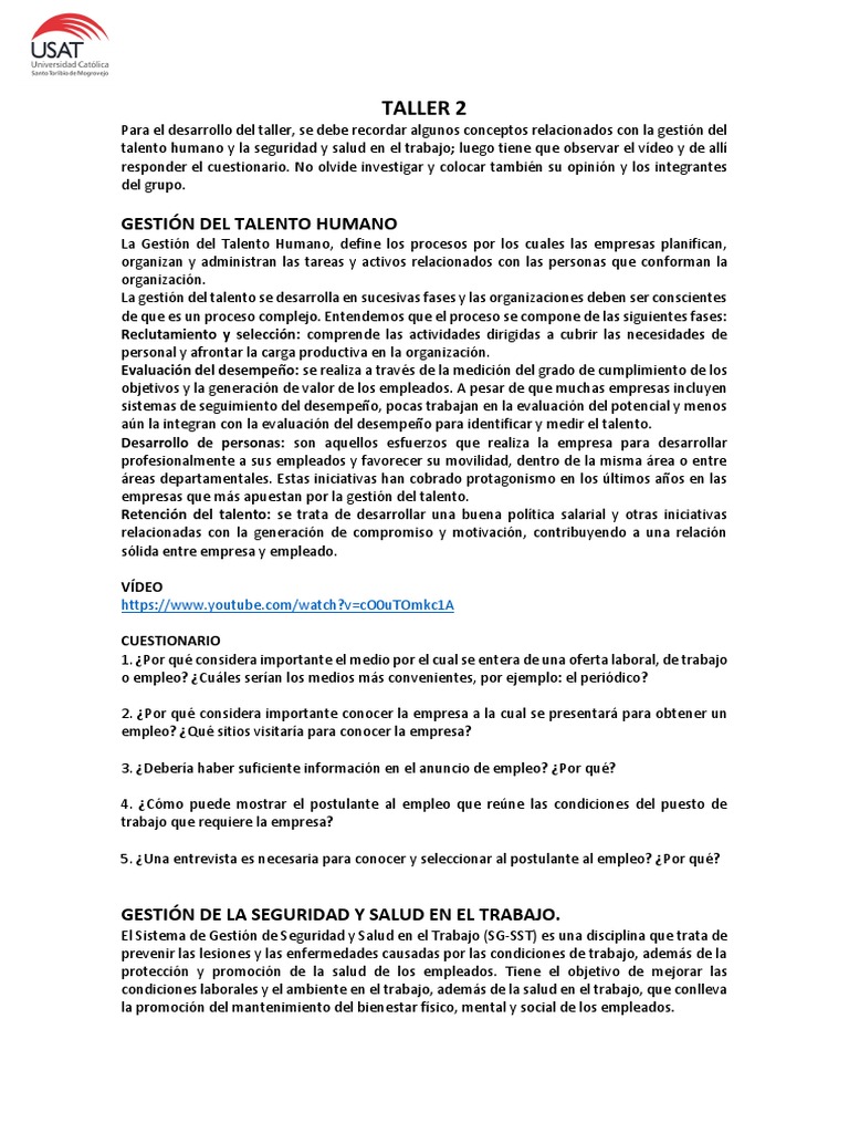 Taller 2 Gestión Del Talento Humano y de La Seguridad y Salud en El Trabajo | PDF | Gestión del ...