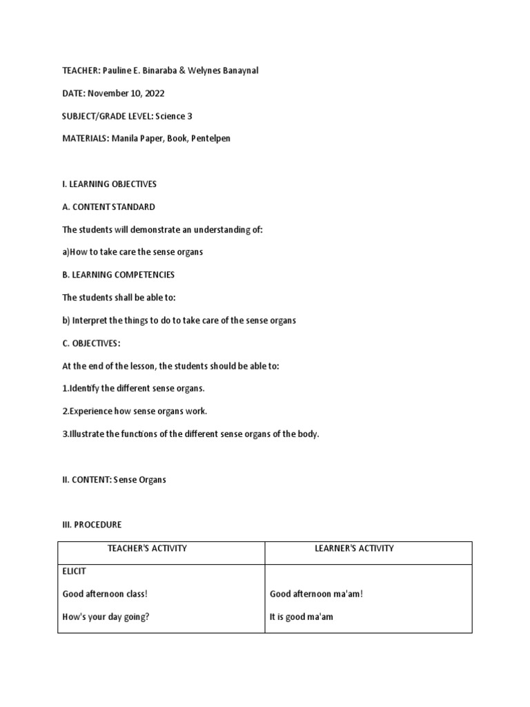 Sense Organs Lesson Plan | PDF | Senses | Taste