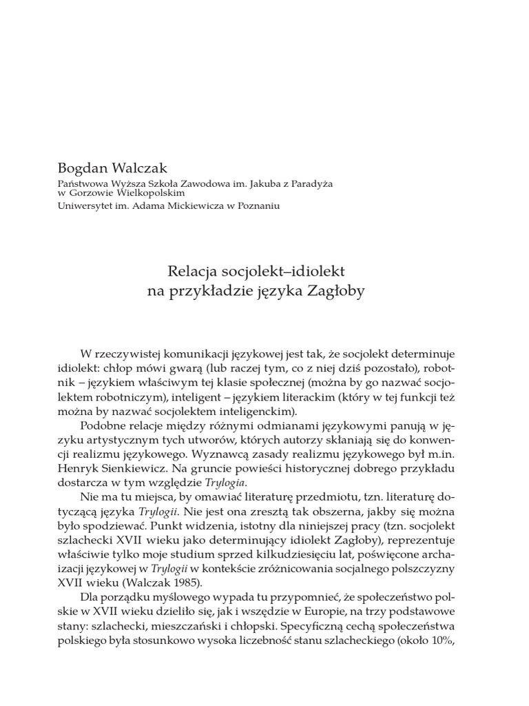 Bogdan Walczak: Relacja Socjolekt-Idiolekt Na Przykładzie Języka ...