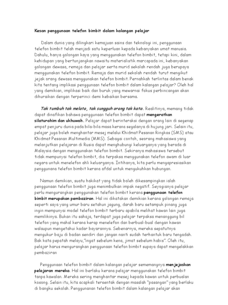 Kesan Penggunaan Telefon Bimbit Dalam Kalangan Pelajar Pdf