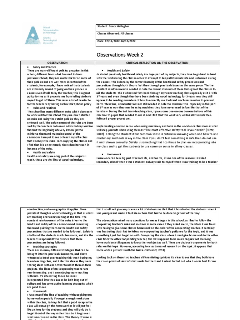 Observations Week 2 | PDF | Teachers | Homework