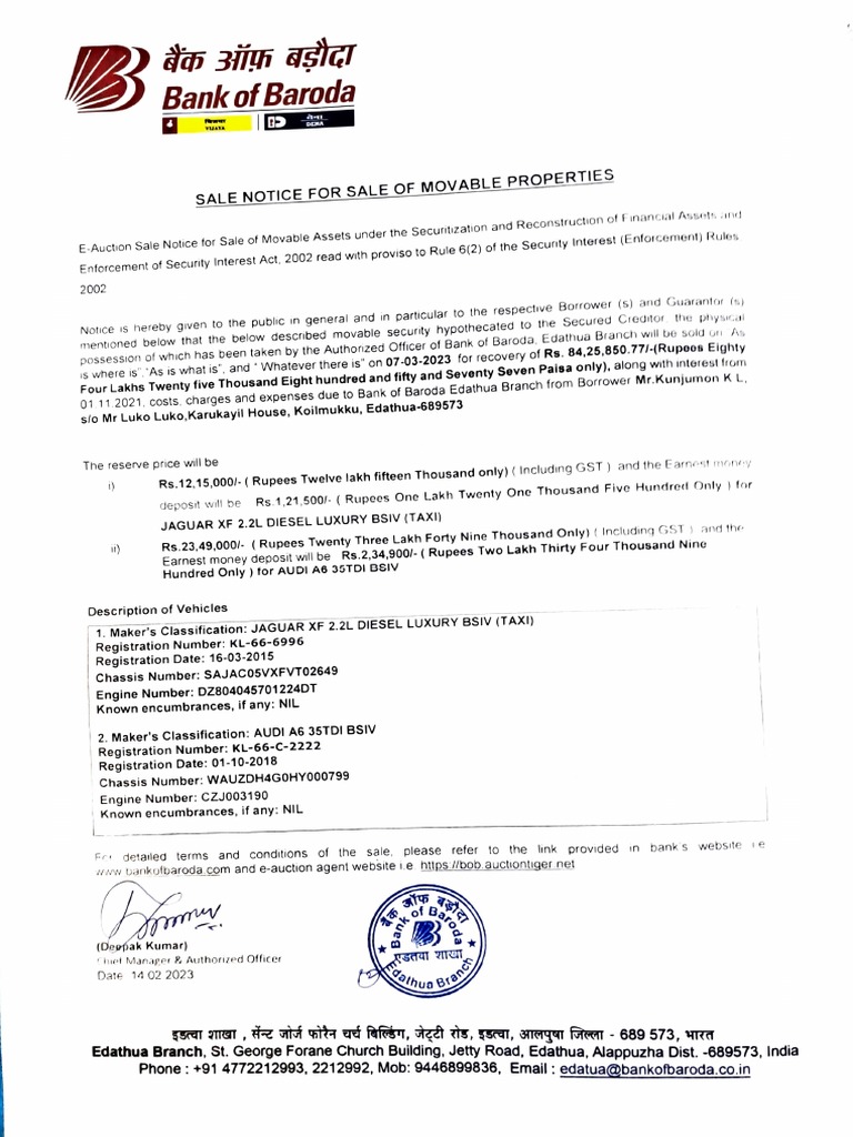 Bank of Baroda E-Auction Sale Notice | PDF