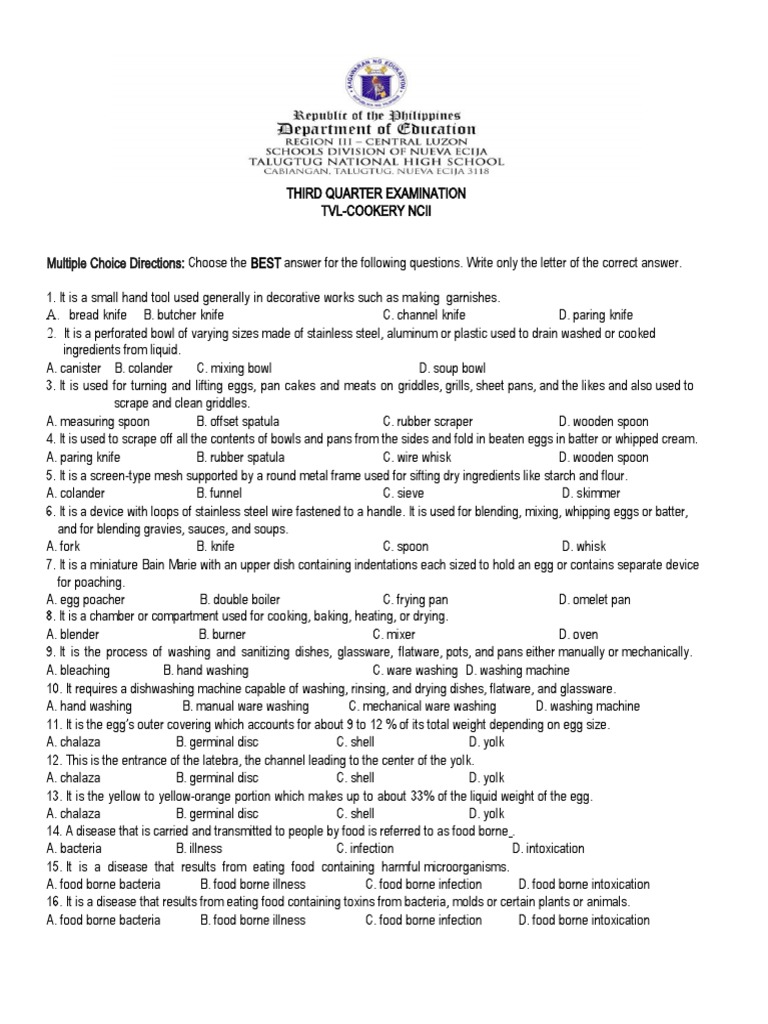 Cookery Tool Identification Exam | PDF | Starch | Pasta