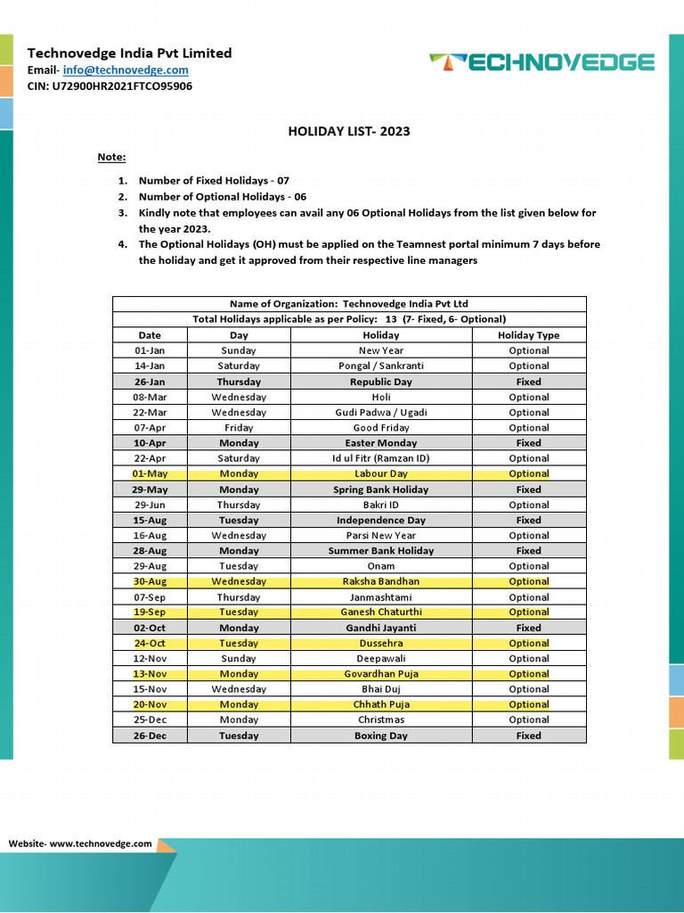 Technovedge India 2023 Holiday List | PDF | Observances | Festival