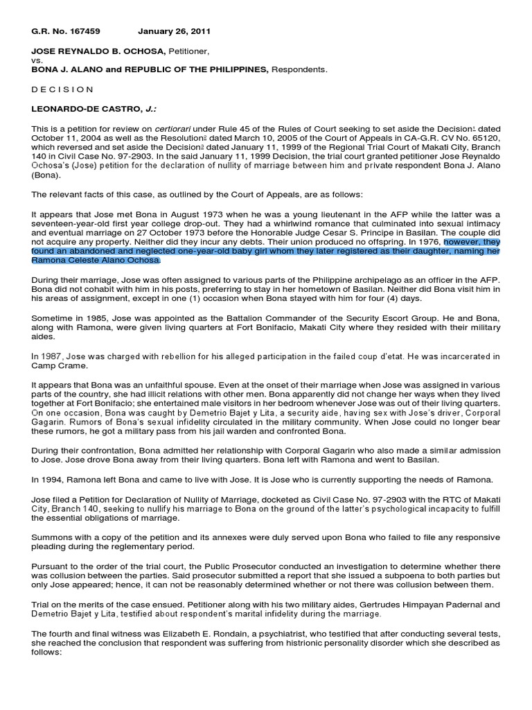 Petition to Review Decision Denying Declaration of Nullity of Marriage Based on Psychological ...