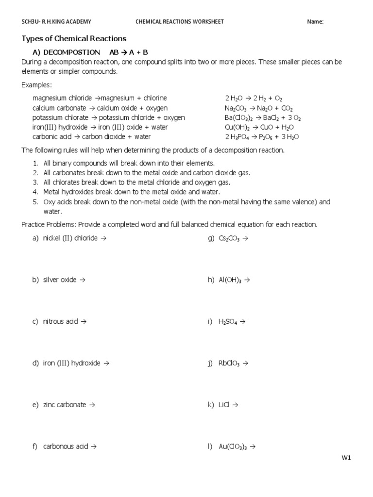 Chemical Reactions Worksheet | PDF | Teaching Methods & Materials | Technology & Engineering